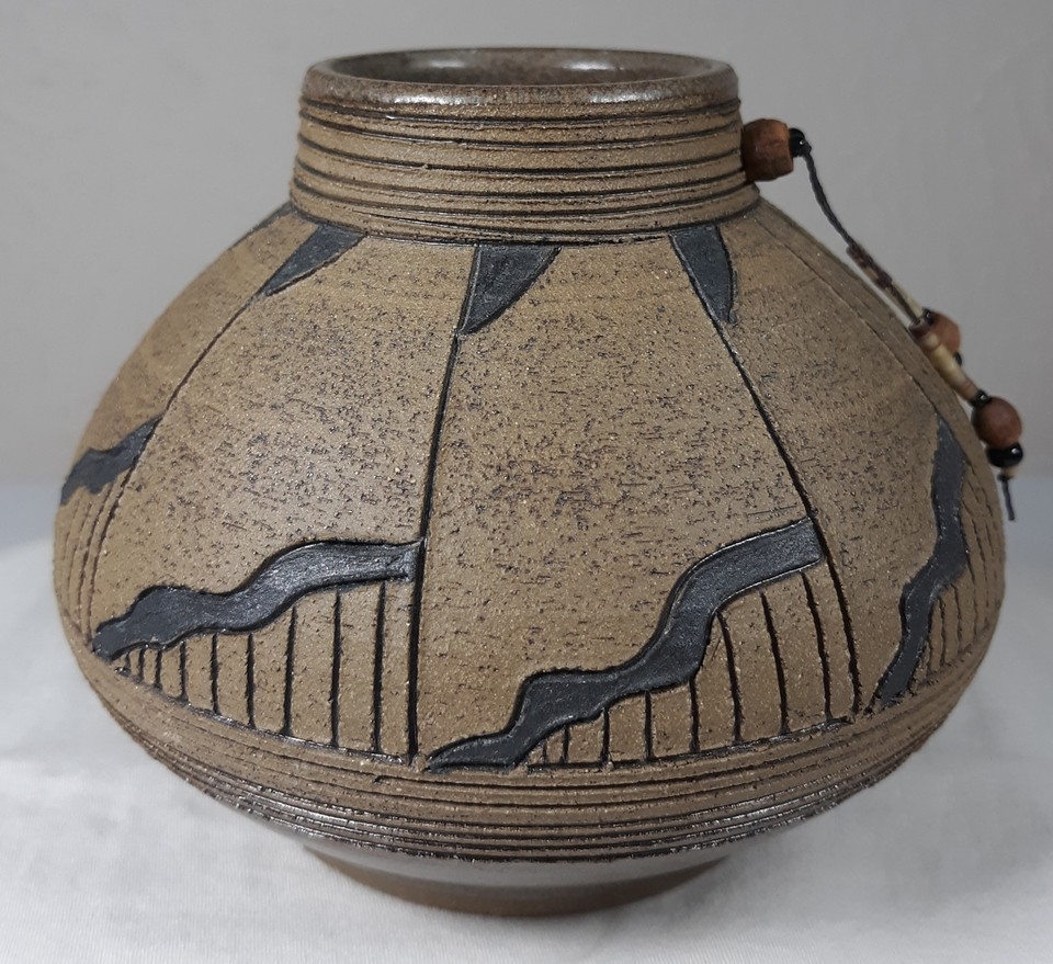 Mary Tuttle Southwest Art Pottery Vase Beads Etched Hand Carved Artist ...