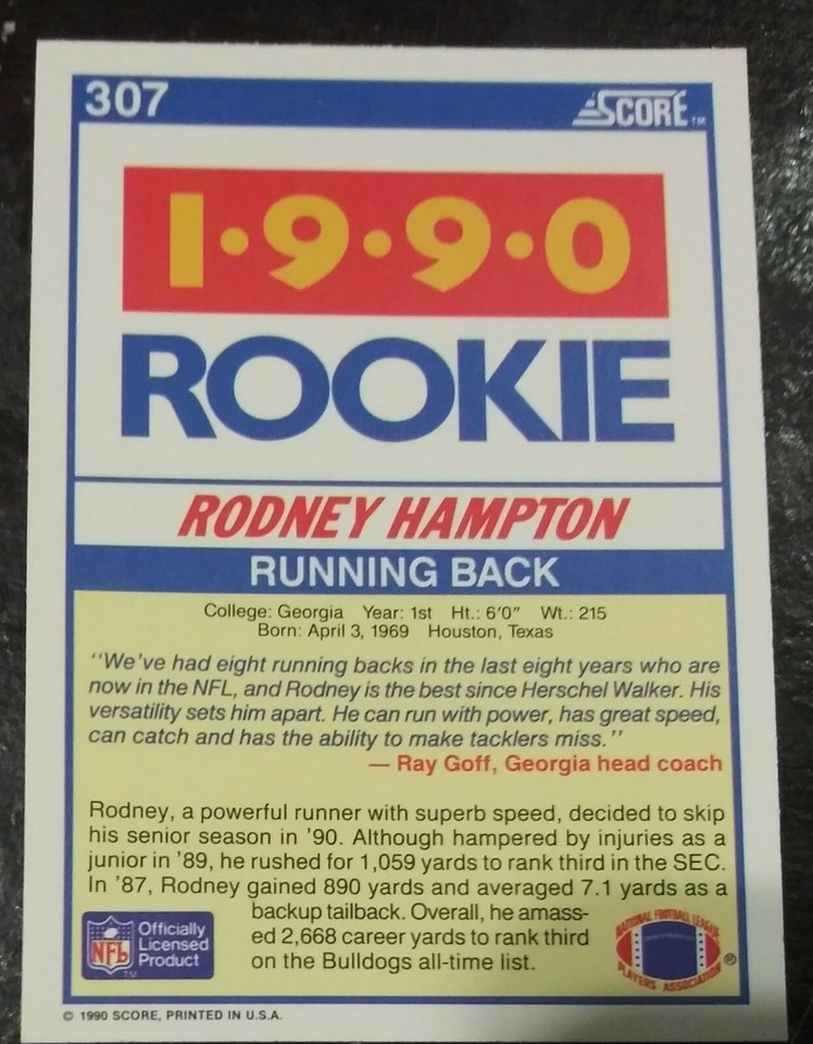 1990 Score - Rodney Hampton Rookie #307 - Many Sport Cards Available | eBay