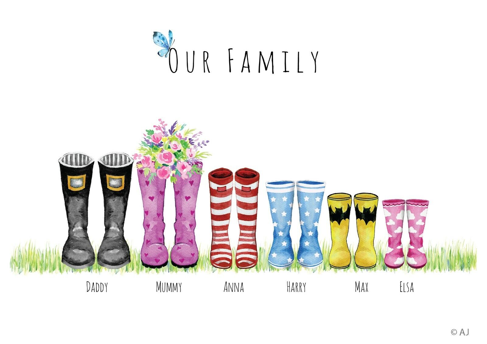 Personalised family welly boot print, wellington boot picture, home ...