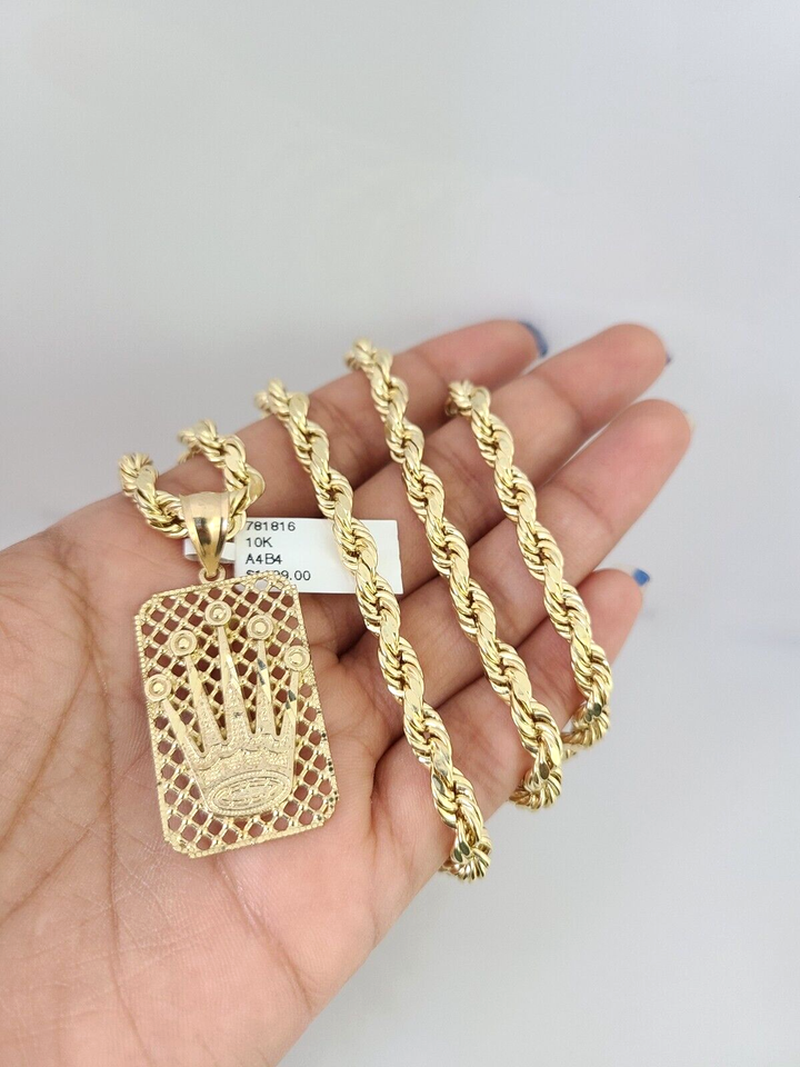 Real 10kt Gold Rope Chain Crown Charm Pendant Set 18"-30'' Inch 6mm ...
