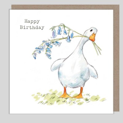 Duck Birthday Card – Cute Duck with Bluebells Illustrated Greeting Card ...