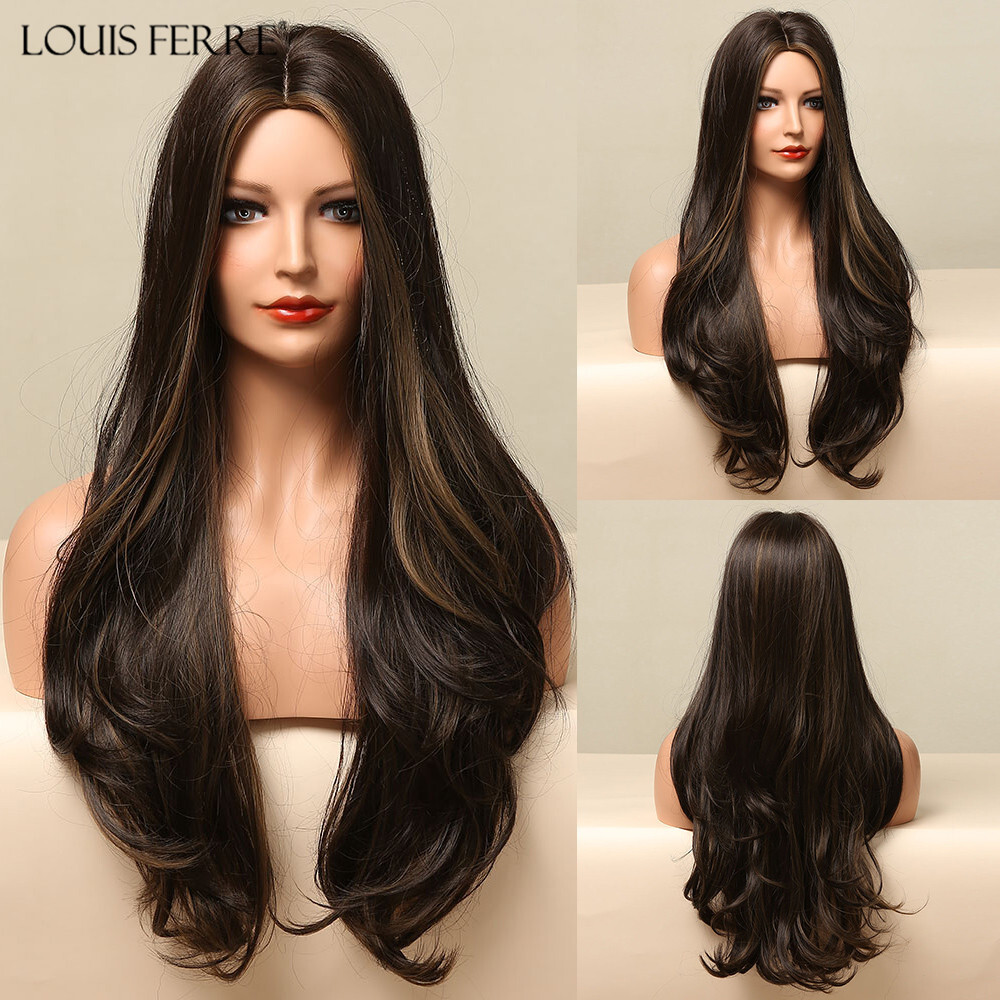 LOUIS Hair Wigs for Women 26 In Long Wavy Synthetic Dark Brown with ...