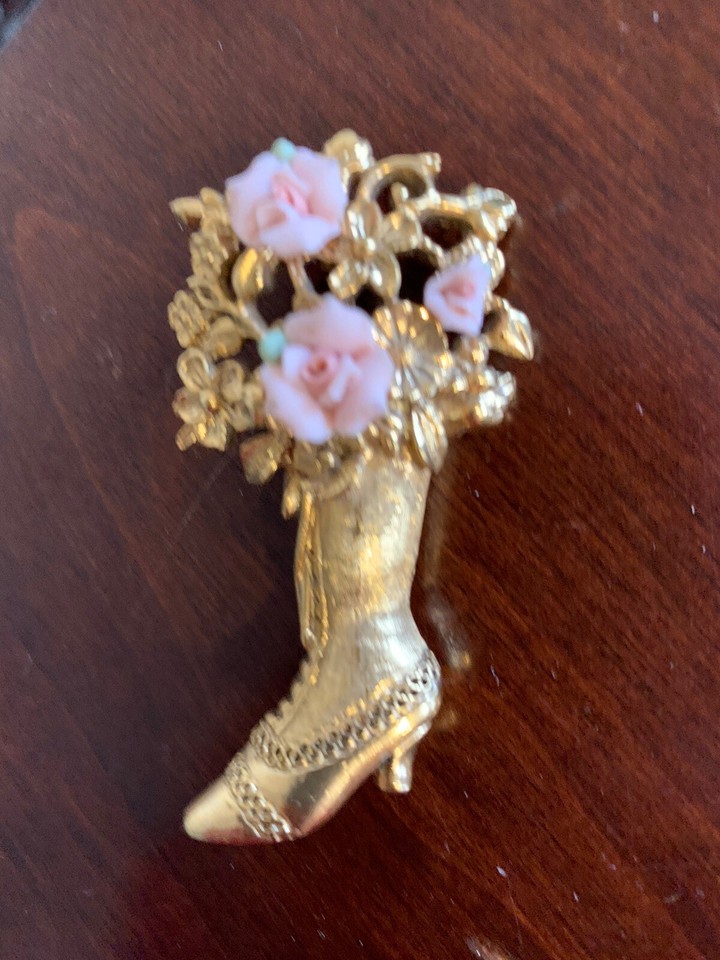 Vintage Gold Tone Boot Brooch Pin WITH ROSES READ 2.5" | eBay
