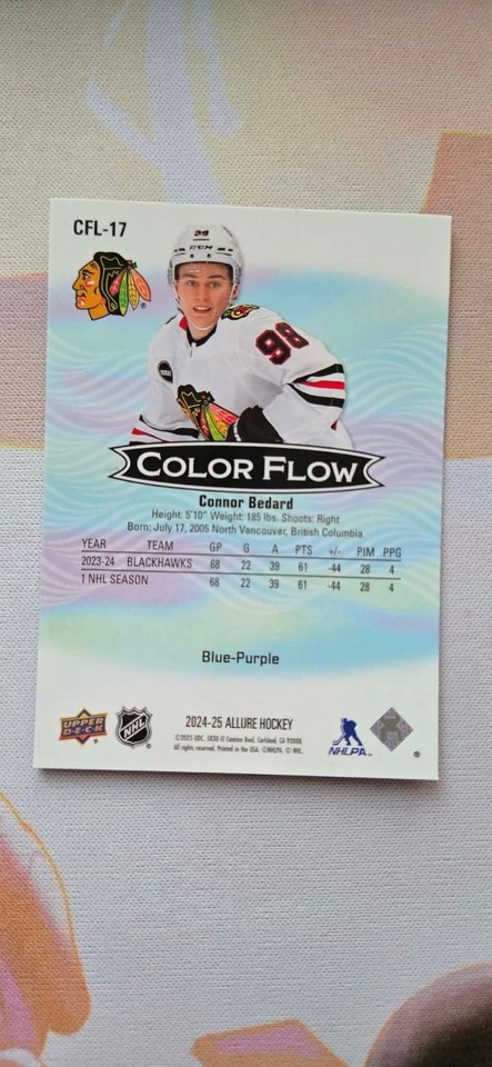 2024-25 UD Allure Connor Bedard Color Flow Blue-Purple Blackhawks RC | eBay