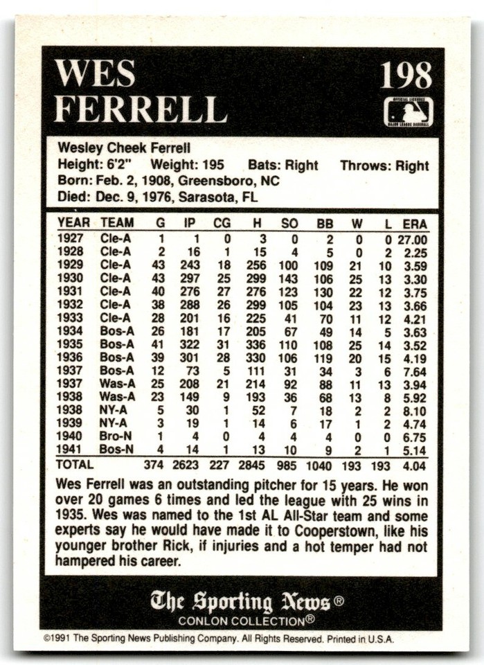 1991 CONLON COLLECTION TSN WES FERRELL BOSTON RED SOX #198 | eBay