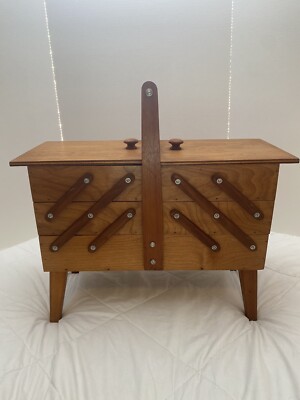 Vintage Sewing Box Wood 3 Tier Accordion Style w/ Legs Rare Full Of ...