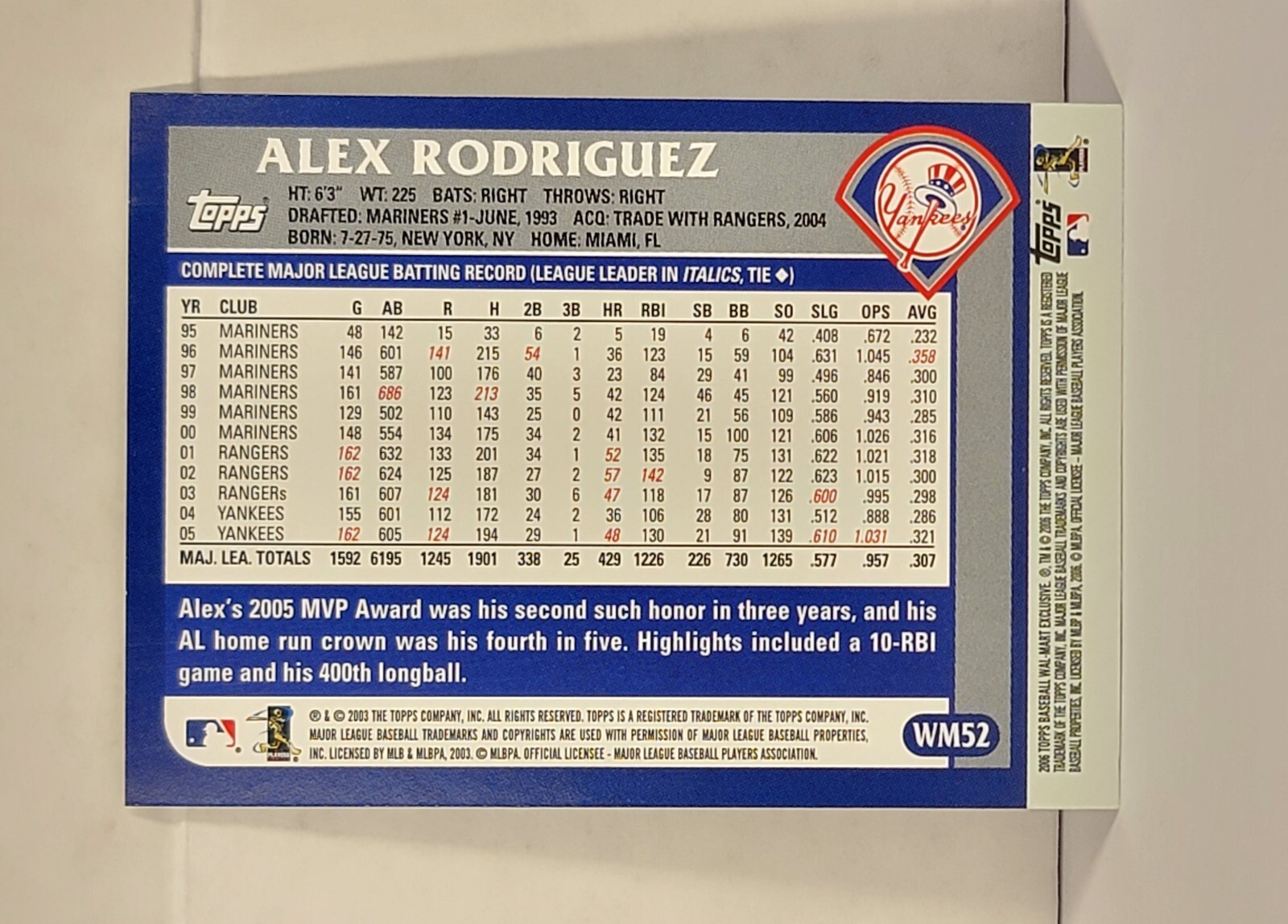2006 Topps - Wal-Mart Blaster Insert Alex Rodriguez #WM52 for sale ...