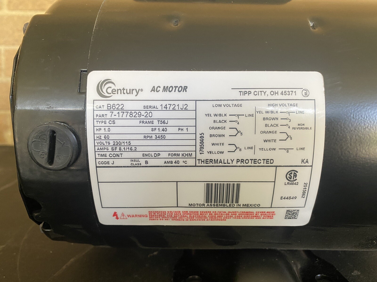 Century AC Centrifugal Pump Motor B622, 7-177829-20, 1 HP 3450 RPM- New ...