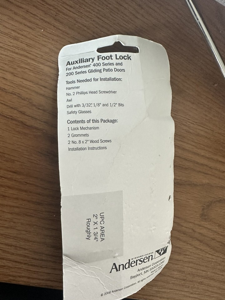 Anderson Doors AUXILLARY SECURITY FOOT LOCK Sliding liding Patio Doors ...