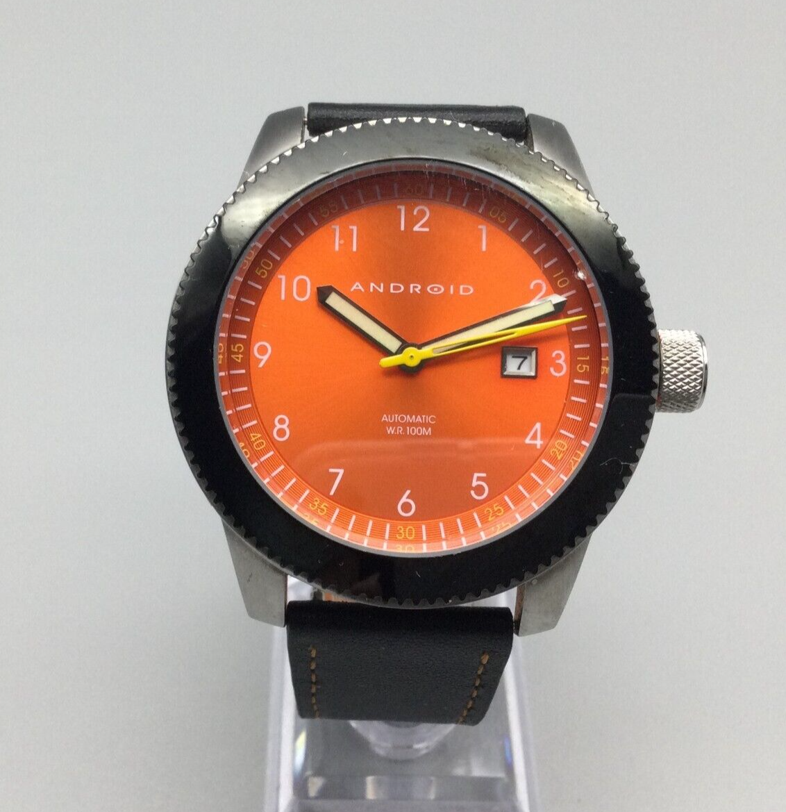 Android Automatic Watch Men 45mm Silver Tone Gunmetal Orange Dial ...