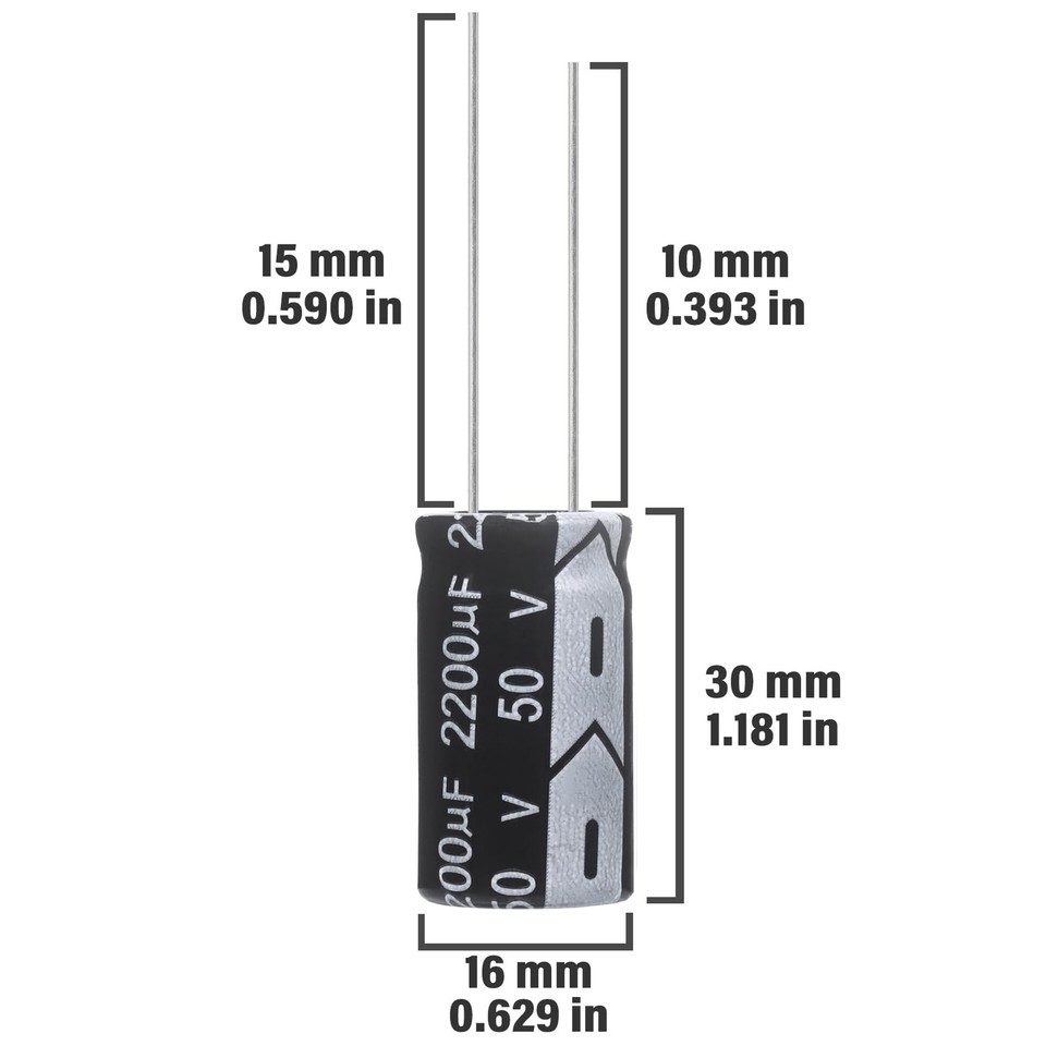 2200uF 50V 16x30mm Electrolytic Capacitor 2200 UF MFD 50 Volt 0.63x1 ...
