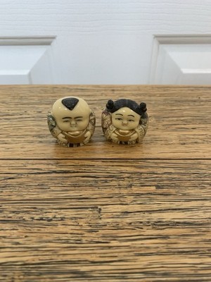 Vintage Japanese Netsuke Button Figurines Signed Set of 2 | eBay