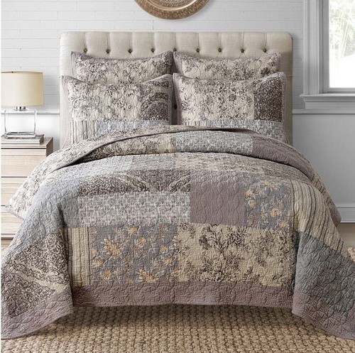 Davis TWIN Quilt in Taupe/Beige Quilted Floral Patchwork Velvet Frame ...