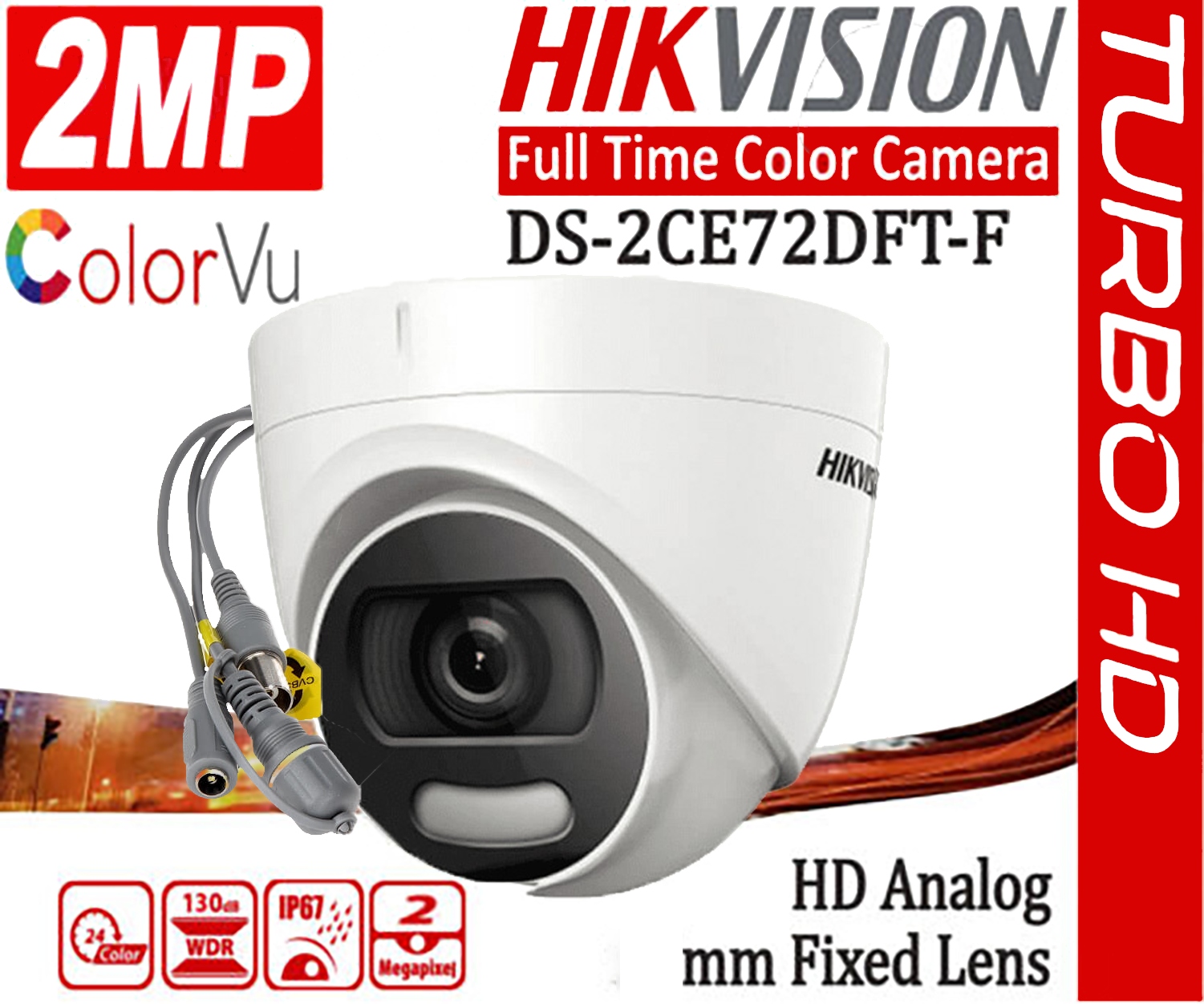 HIKVISION ColorVu 2MP 1080P TVI Turret 2.8mm Wide WHITE FULL HD BNC ...