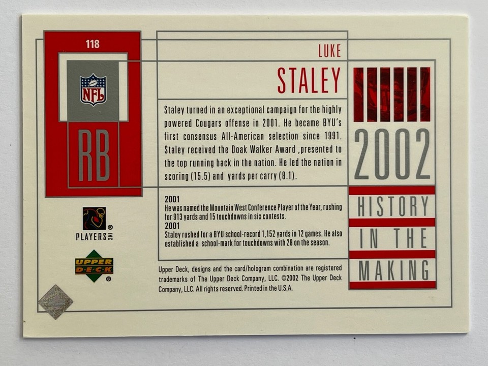 2002 Upper Deck Piece of History BYU Luke Staley Rookie /2002 #118 | eBay