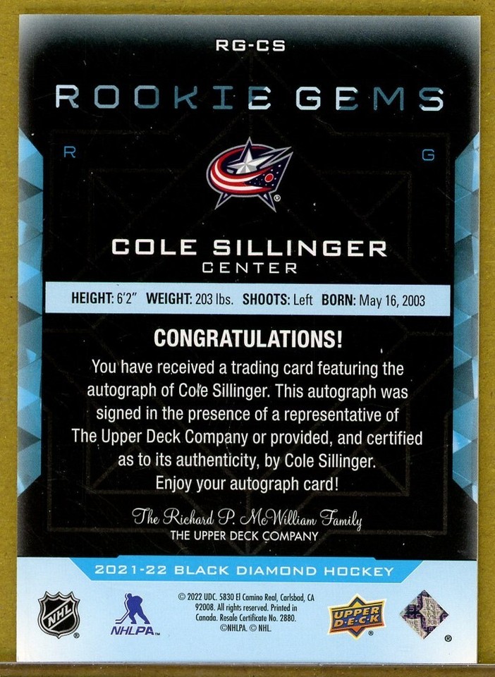2021-22 Black Diamond Rookie Gems Pure Black - Cole Sillinger RC AUTO ...