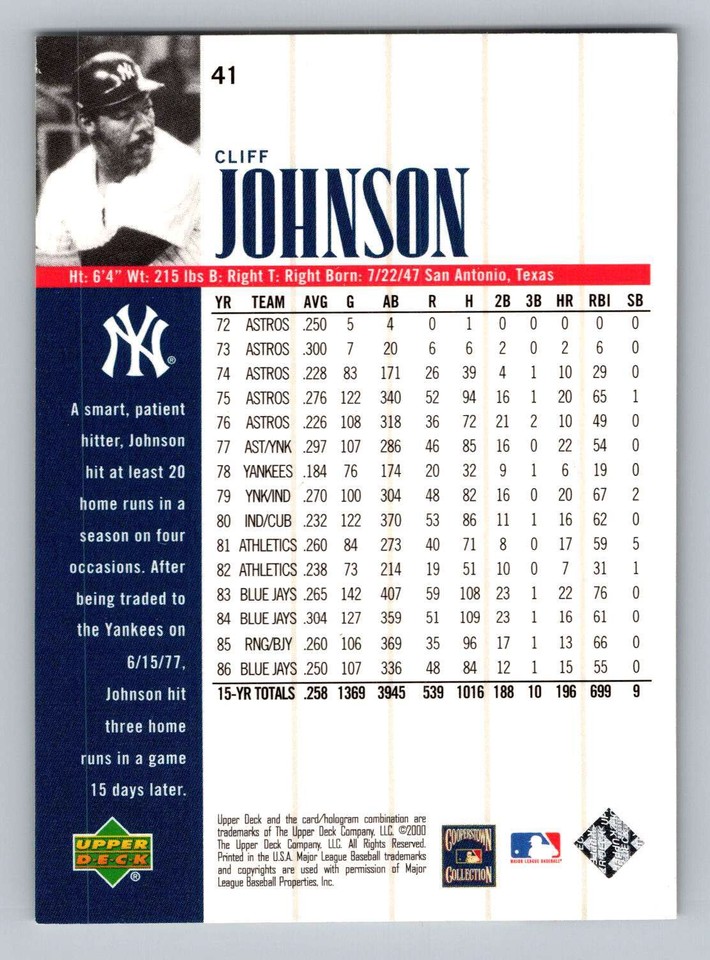 2000 Upper Deck Yankees Legends #41 Cliff Johnson | eBay