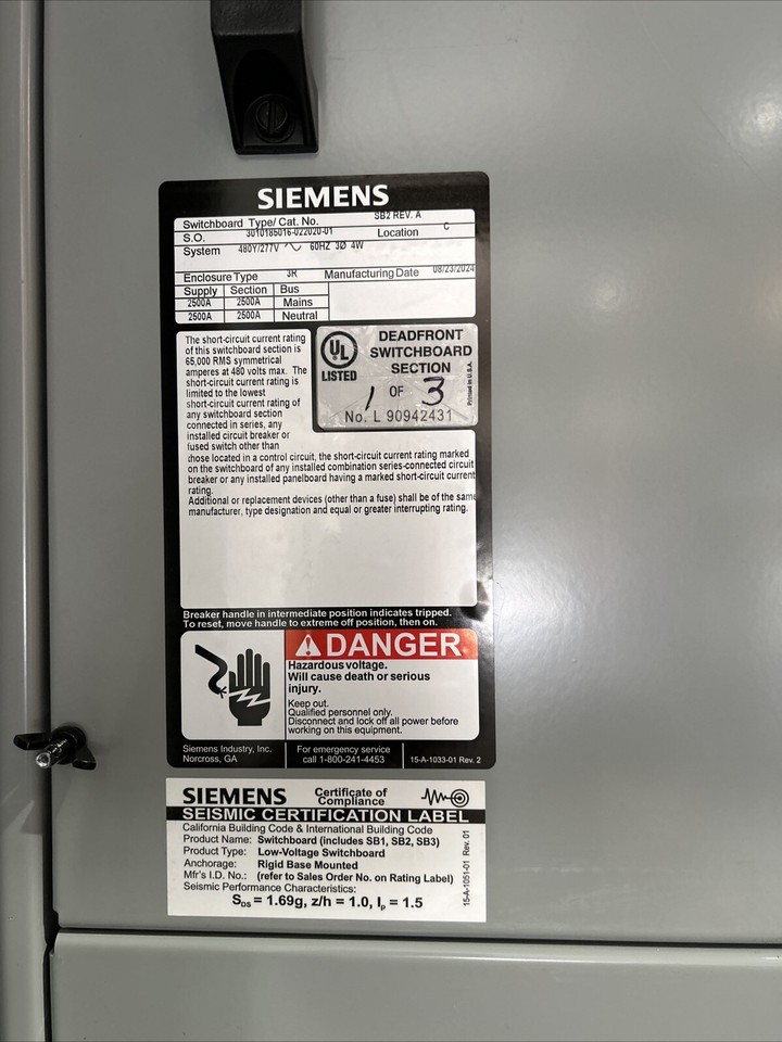 2500 Amp Meter Main Breaker Nema 3R 480/277V 3P 4w With Pull Section ...