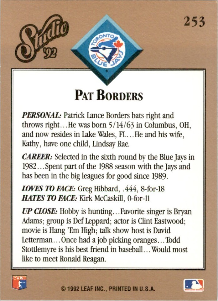 1992 Studio Pat Borders Toronto Blue Jays #253 Baseball Card | eBay