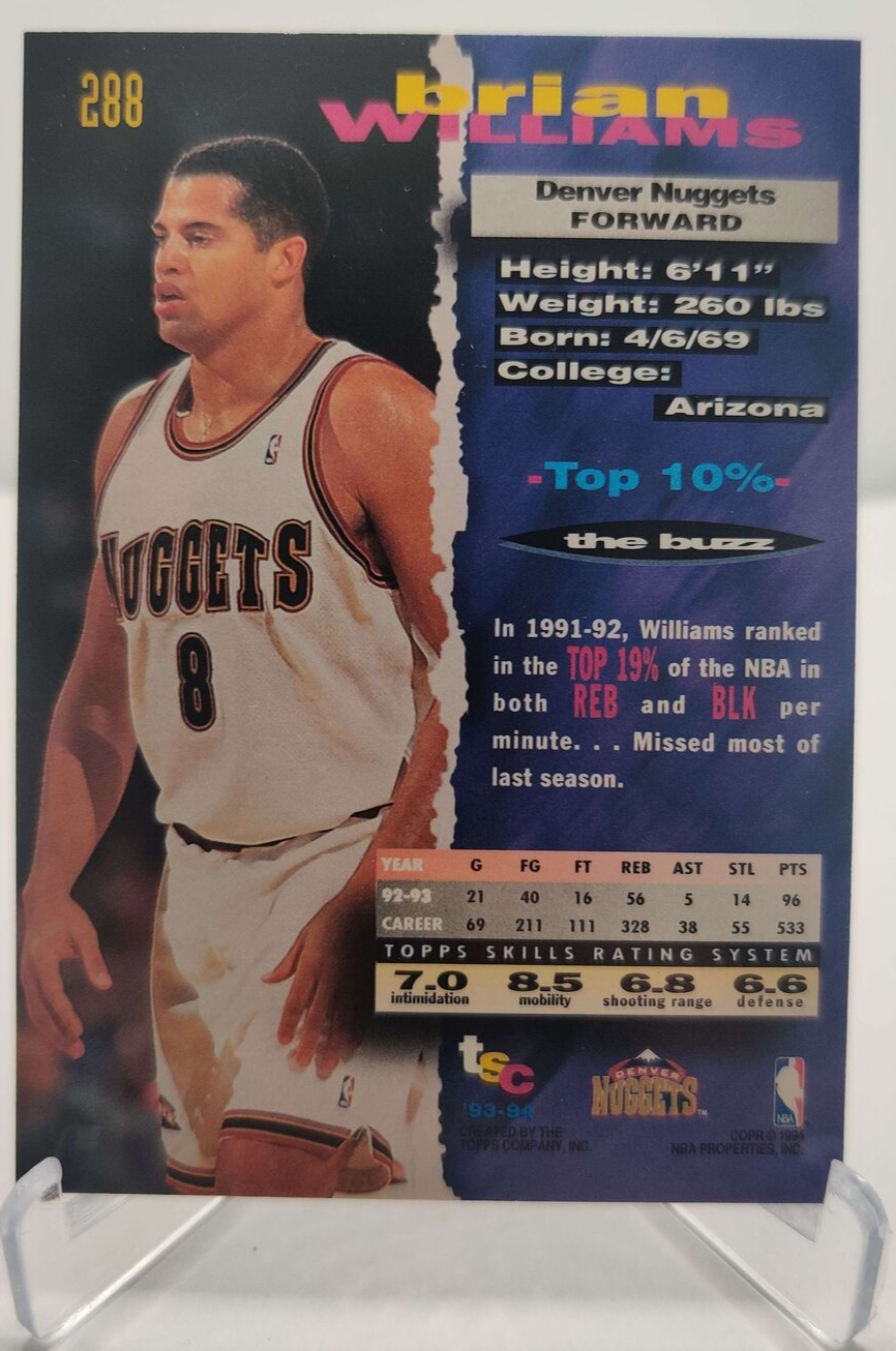 1993-94 Stadium Club #288 Brian Williams Denver Nuggets Basketball Card ...