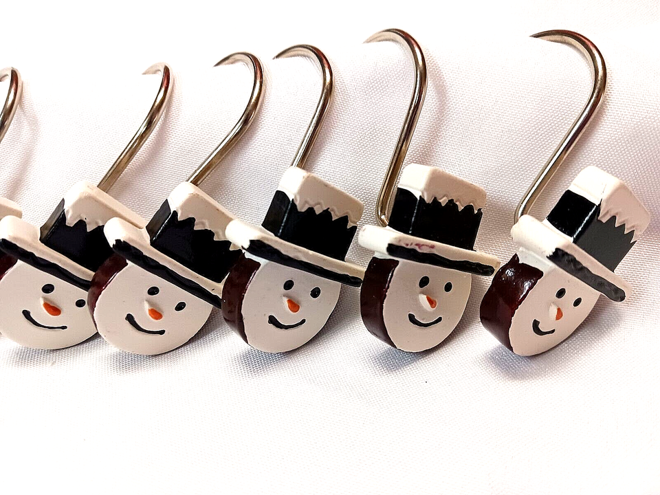 SET OF 12 SNOWMAN FACE WITH TOP HAT FULL OF SNOW SHOWER CURTAIN HOOKS ...