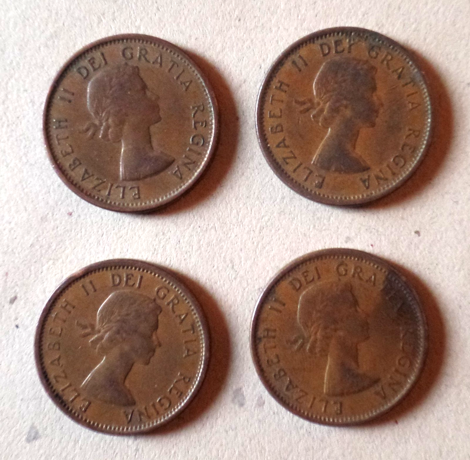 4 Vintage 1961 CANADA 1 CENT ELIZABETH II DEI GRATIA REGINA Bronze Tone ...