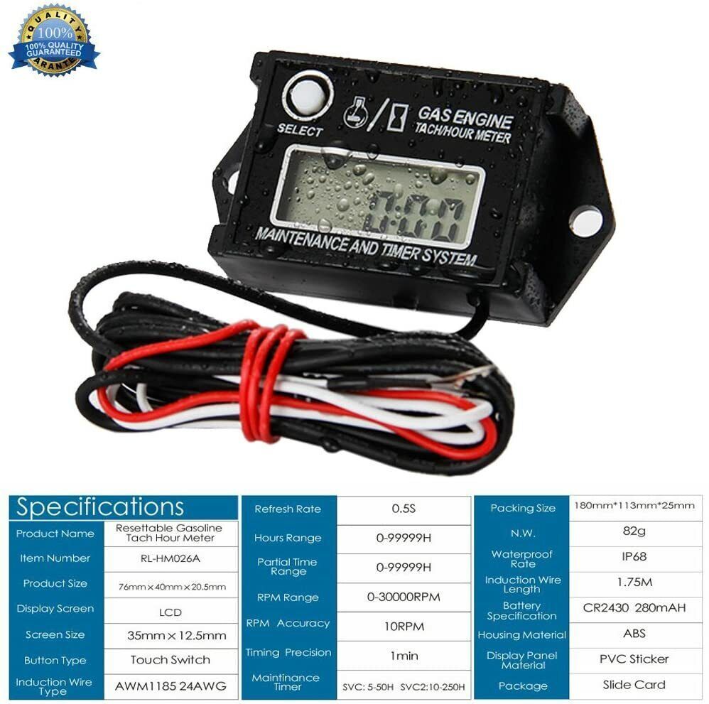 Digital Tach Hour Meter Tachometer RPM Counter for Motor Bike Go Kart ...