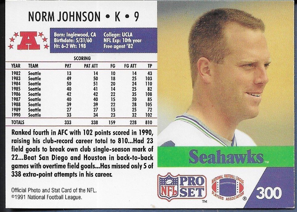 Norm Johnson 1991 Pro Set #300 Seattle Seahawks EX-NM | eBay