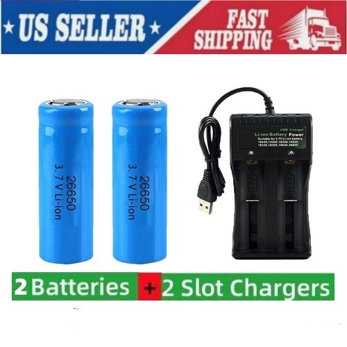 26650 Battery 3.7V Li-ion Rechargeable Batteries LOT + 2Slot Charger US ...