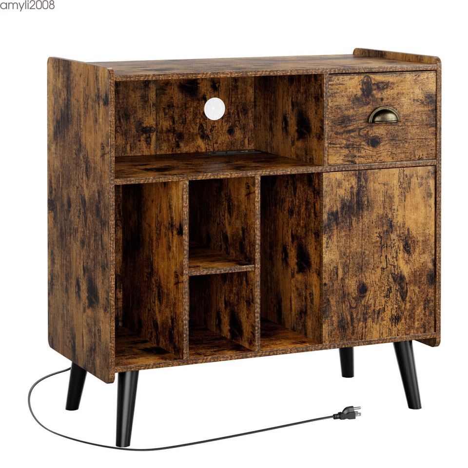 CD Record Player Stand Album Storage Cabinet Turntable Table with Power ...