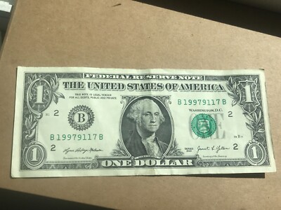 One Dollar Bill FANCY SERIAL NUMBER B 1997 9117 2 Triples 1 pair 97.5% ...