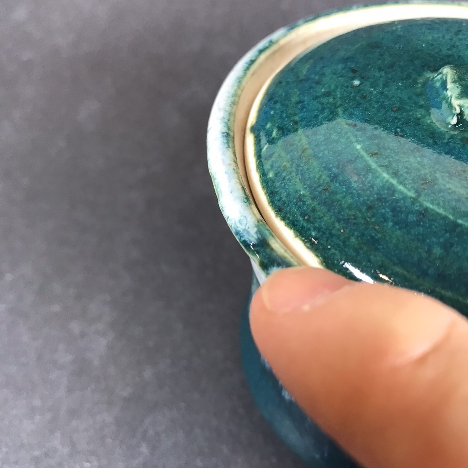 Hand Glazed Ceramic Honey Pot Jar Lid & Dipper Blue Green Artist Signed ...