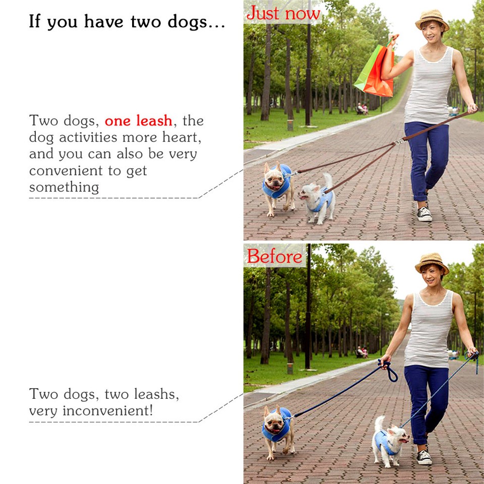 Leather 2 Way Dog Coupler Twin Leash Pet Double Leads for Two Twin Dogs ...