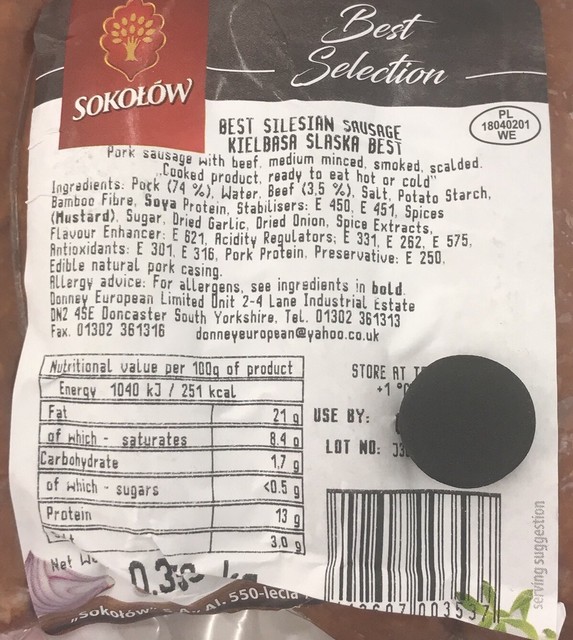 Kielbasa Slaska Polish Smoked Sausage 2 X 350g Pork & Beef Sausage for ...