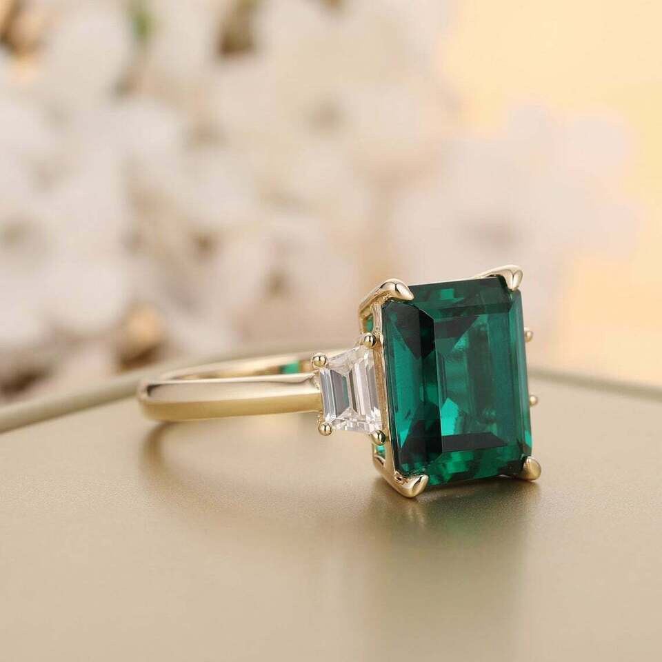 3Ct Lab Created Emerald Solitaire Engagement Ring 14K Yellow Gold ...
