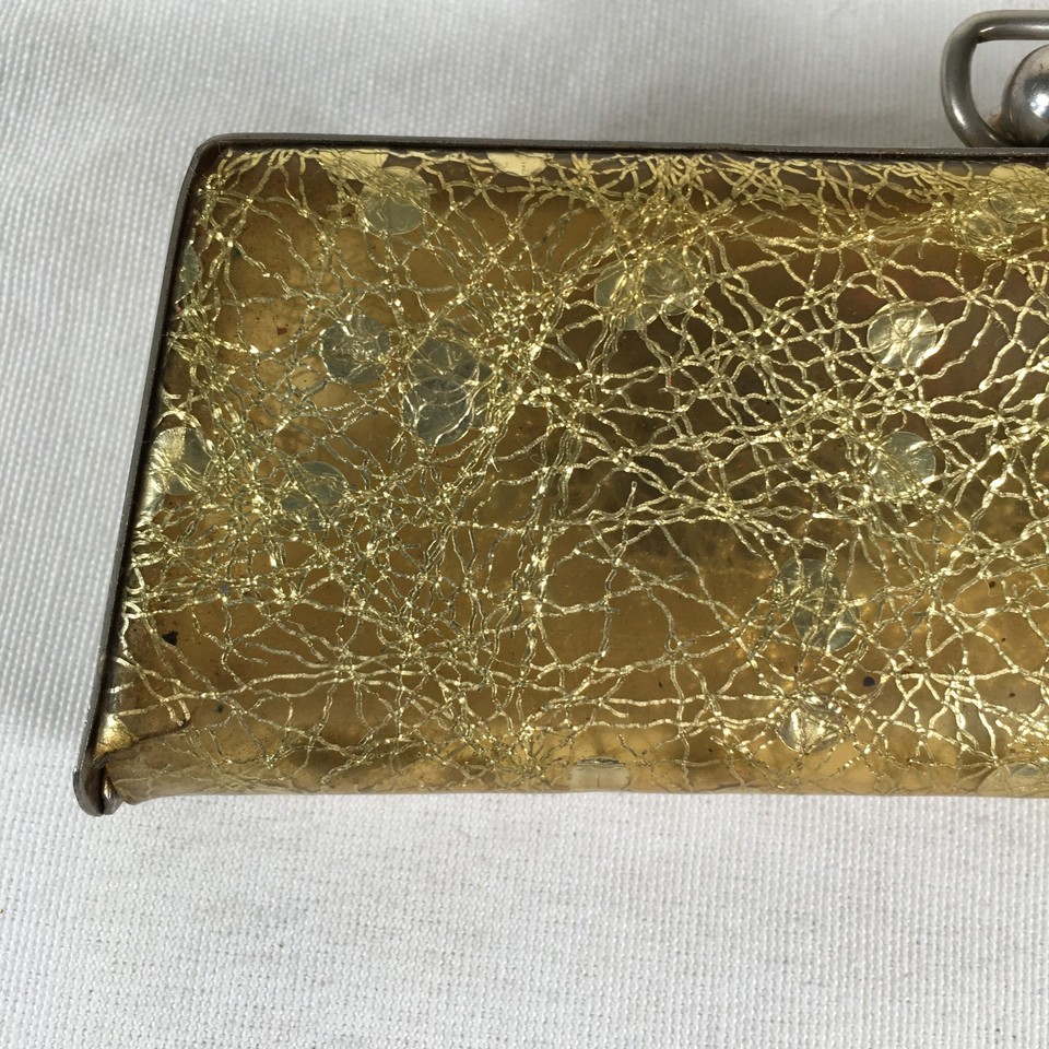 Vtg MCM Mini Clutch Purse Gold Lame Plastic Metal Trim Ball Kiss Lock ...