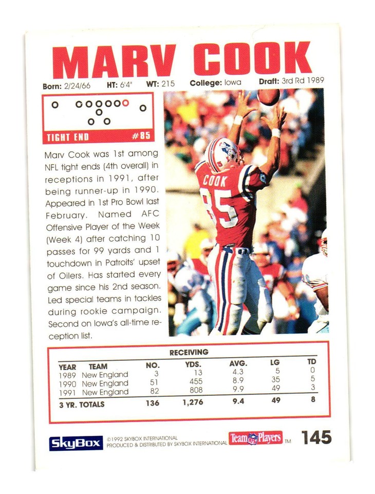 1992 SkyBox Impact #145 Marv Cook New England Patriots | eBay