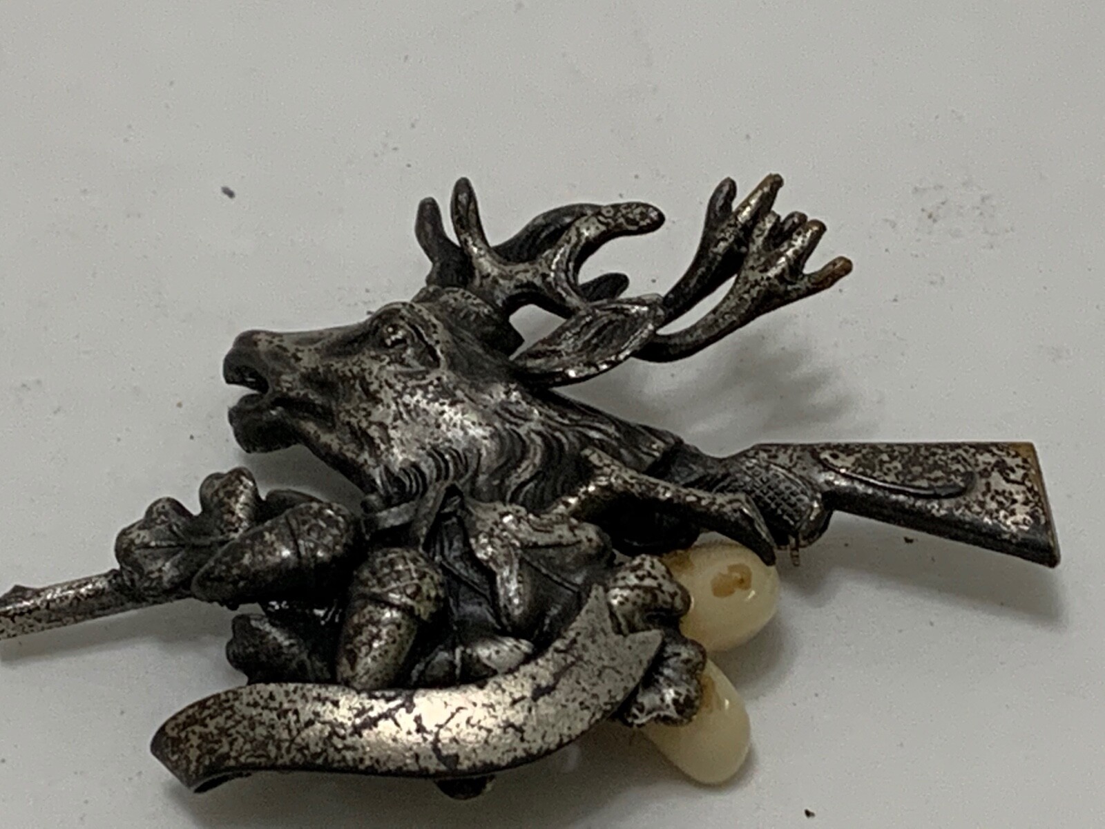 Antique German HUNT BROOCH Stag Rifle Acorns Roe Deer… - Gem