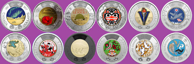 Set of 12 2017 to 2024 Canada Colored Toonie Coins i/c Glow-in-the-Dark ...