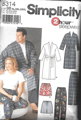 Simplicity #5314 Misses' Men's Robe Pajama Pants Shorts - Size XL-XXXL ...