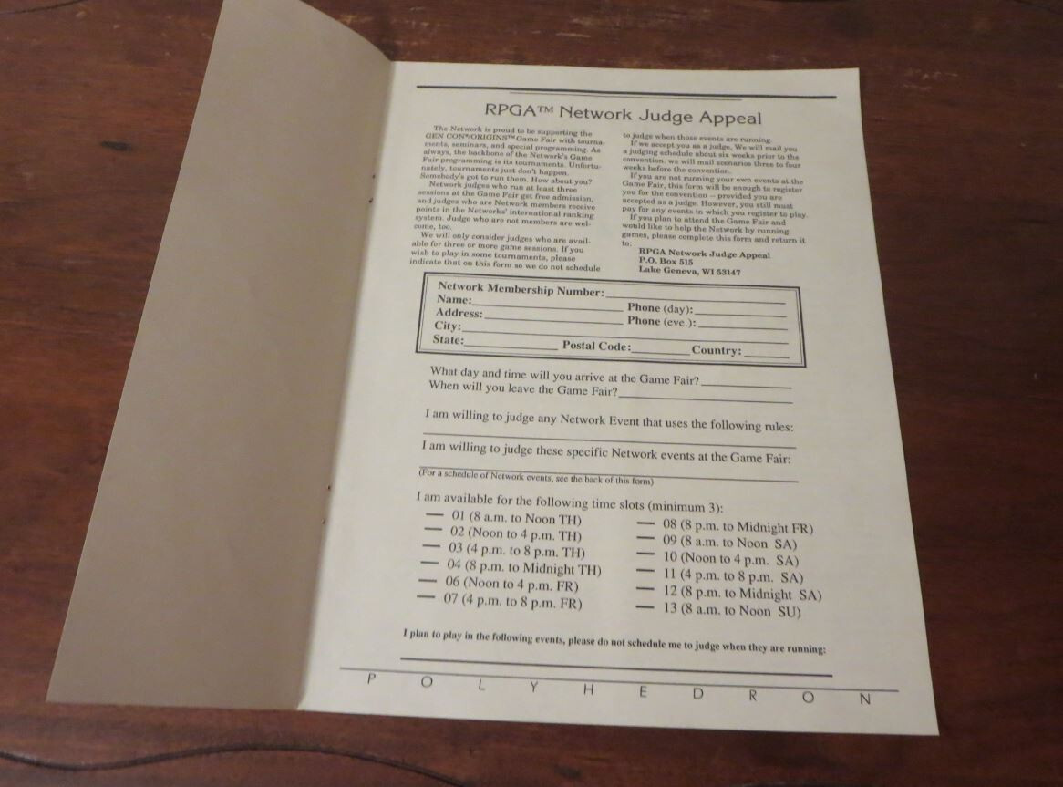 Gen Con Origins 1992 Game Fair ~ RPGA JUDGE APPEAL FORM ~ TSR Dungeons ...