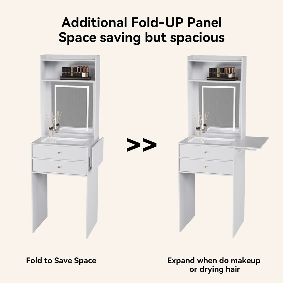 Small Dressing Table with Foldable Side Panel LED Light Mirror Shelves ...