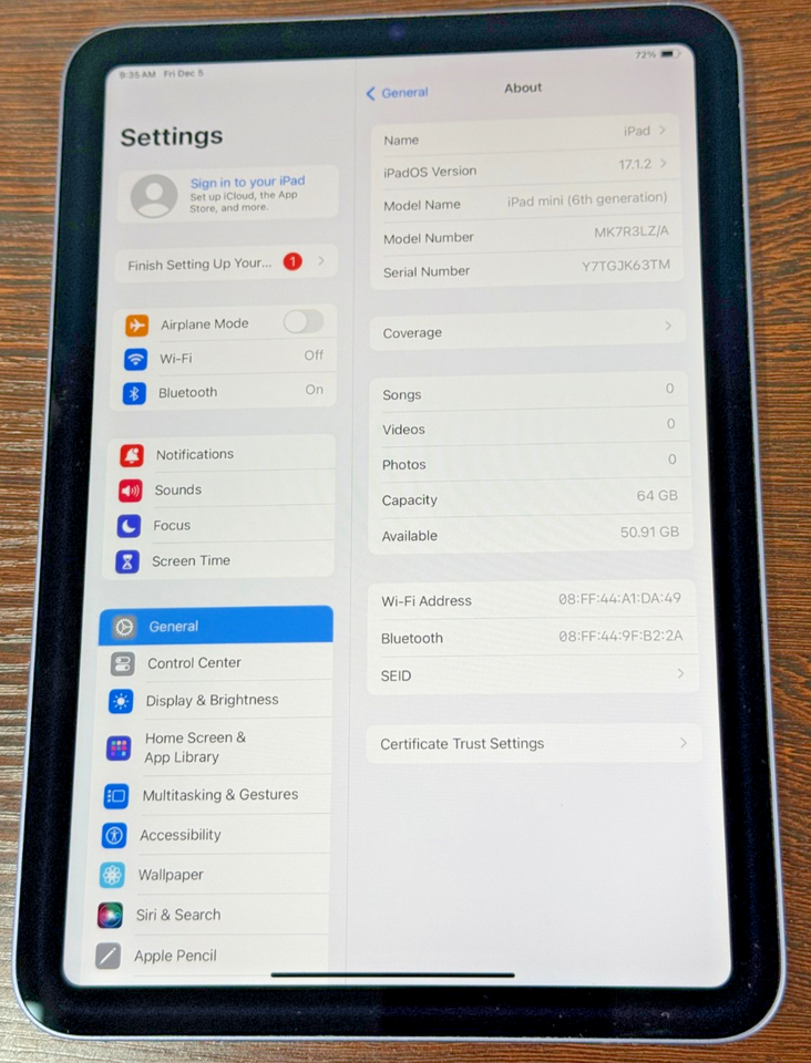 Apple iPad Mini 6th Gen - 64GB Purple Wi-Fi - Excellent Cond - 90% Batt ...