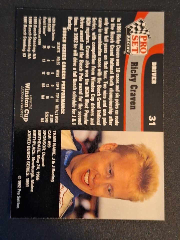 1992 Pro Set Nascar Ricky Craven Trading Card #31 | eBay