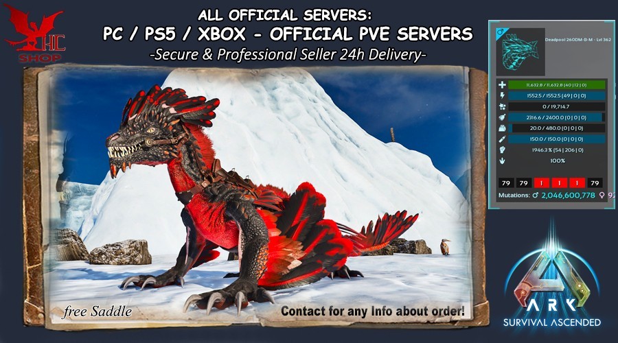 Ark Survival Ascended PC/PS5/XBOX PVE Deadpool ROCK DRAKE 1946% Damage ...