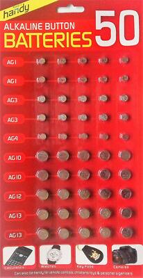 50 ASSORTED BUTTON CELL WATCH BATTERY BATTERIES AG 1 / 3 / 4 / 10 / 12 ...