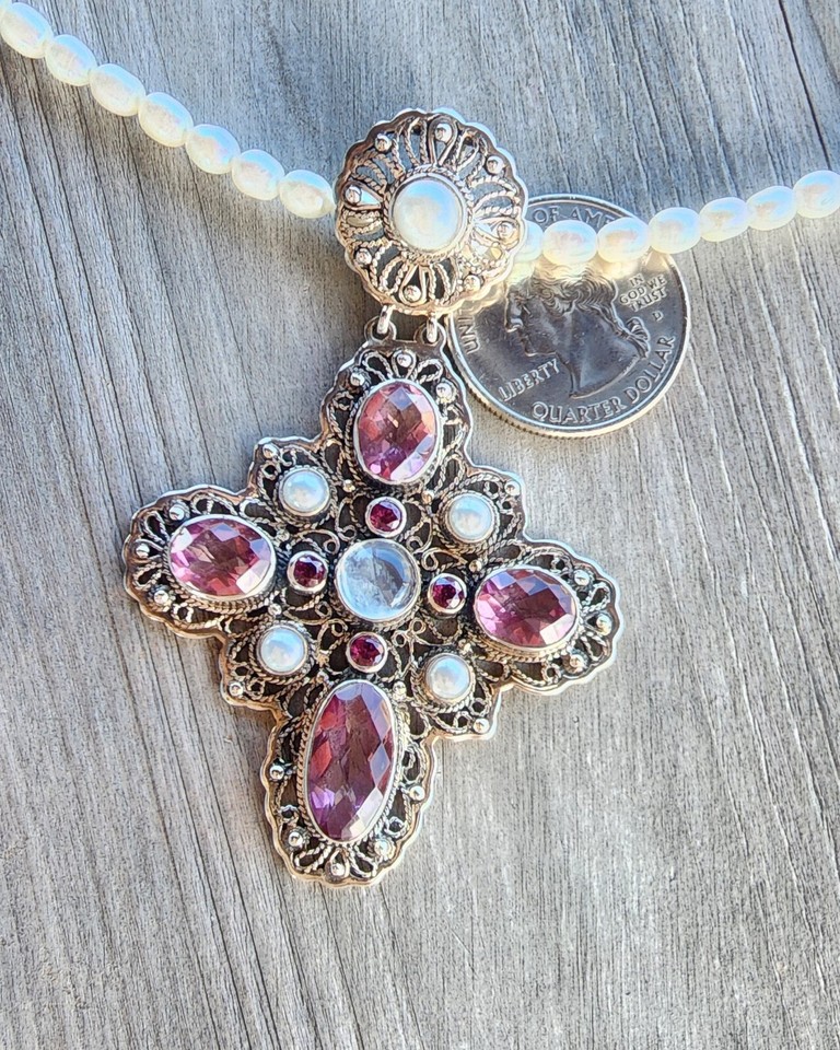 Nicky Butler Sterling Silver Pink Quartz Rhodolite Cross Pendant Pearl ...