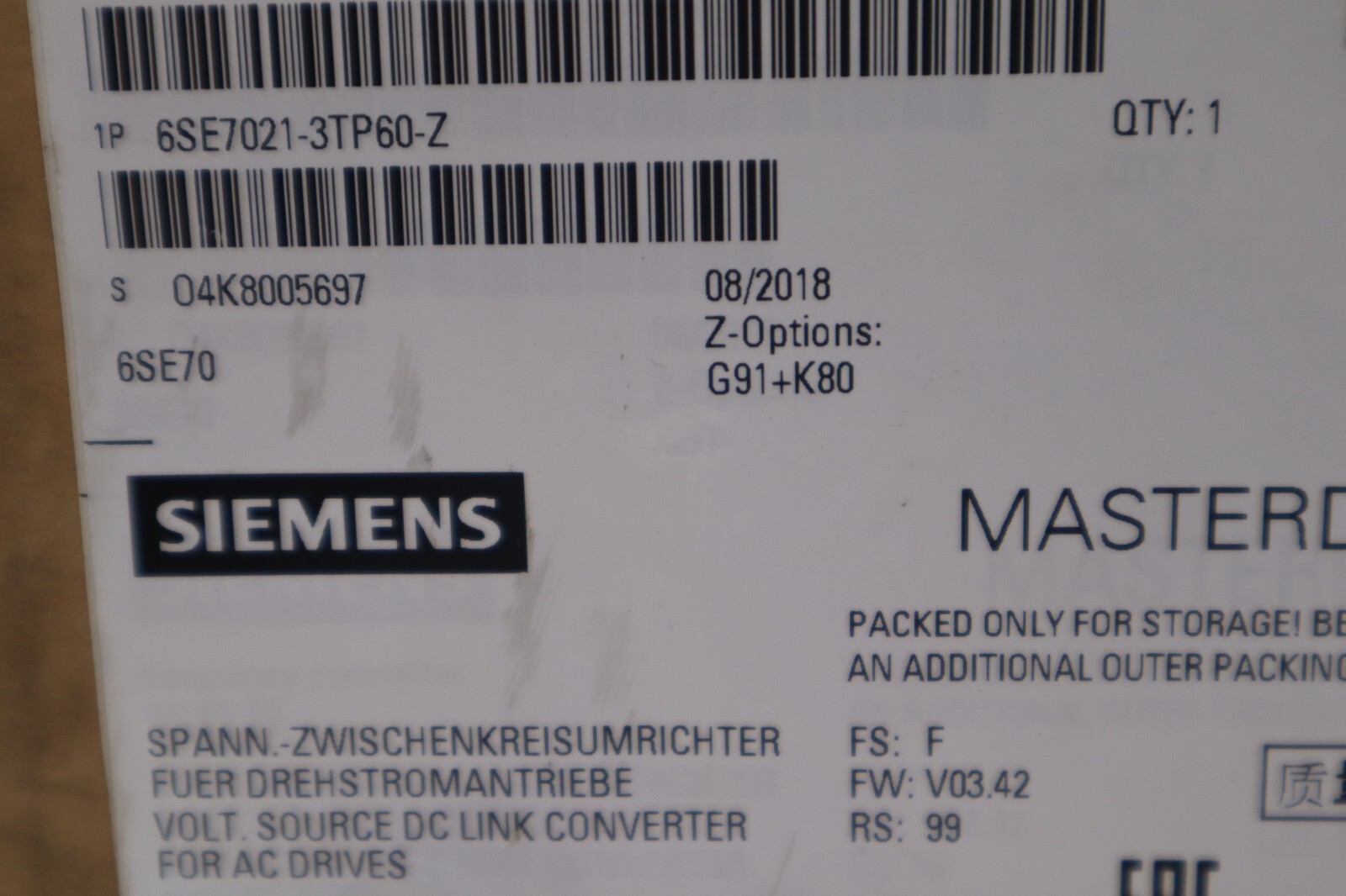 NEW SIEMENS 6SE7021-3TP60-Z AC DRIVE SIMOVERT MASTERDRIVE VECTOR ...