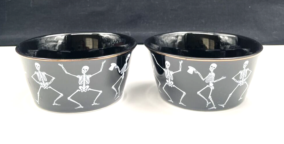 New Halloween Set of 2 Black & White Skeleton Dip / Salsa Bowls 4.5 ...