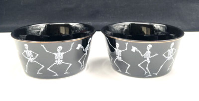 New Halloween Set of 2 Black & White Skeleton Dip / Salsa Bowls 4.5 ...
